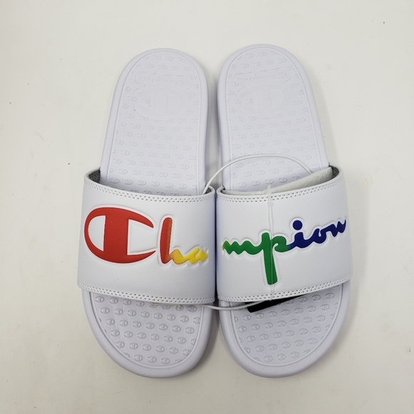 Champion | Shoes | Champion White Split Script Super Slides New | Poshmark